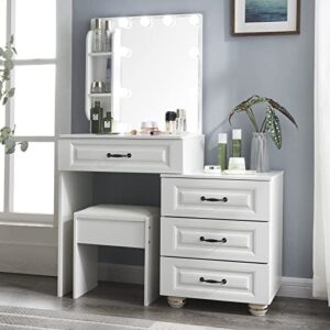 Buildonely Hollywood Vanity Table with Dimmable Switch, Dressing Table Set with Lighted Mirror and Cushioned Chair. Large Storage Capacity White Vanity Set 3 Color Setting for Makeup