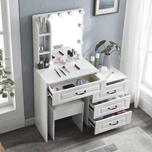 Buildonely Hollywood Vanity Table with Dimmable Switch, Dressing Table Set with Lighted Mirror and Cushioned Chair. Large Storage Capacity White Vanity Set 3 Color Setting for Makeup