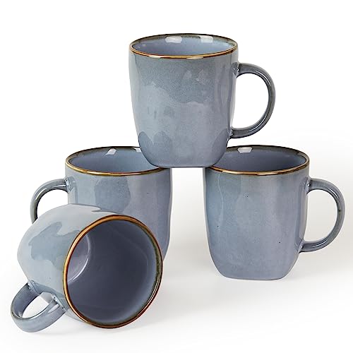 famiware Coffee Mugs Set of 4, Ocean Square 13oz Coffee Cup Set with Handle for Cocoa, Milk, Hot Chocolate, Tea, Water, Stoneware Cups for Kitchen, Reactive Glaze, Microwave and Dishwasher Safe, Blue