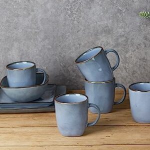 famiware Coffee Mugs Set of 4, Ocean Square 13oz Coffee Cup Set with Handle for Cocoa, Milk, Hot Chocolate, Tea, Water, Stoneware Cups for Kitchen, Reactive Glaze, Microwave and Dishwasher Safe, Blue