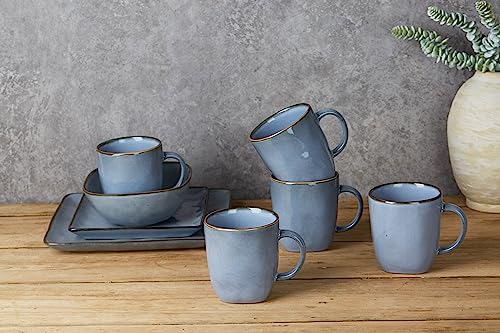 famiware Coffee Mugs Set of 4, Ocean Square 13oz Coffee Cup Set with Handle for Cocoa, Milk, Hot Chocolate, Tea, Water, Stoneware Cups for Kitchen, Reactive Glaze, Microwave and Dishwasher Safe, Blue