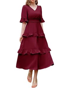 aonour womens 2023 summer wedding casual flutter sleeves v neck flowy cute high waist tiered ruffle midi dress baby shower amazon modest dresses arc1002 burgundy l