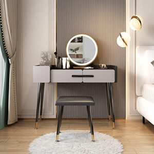 Yrapidly Women Vanity Desk with Mirror and Lights Bedroom Makeup Vanity Table Set with Drawers and Stool(Grey)