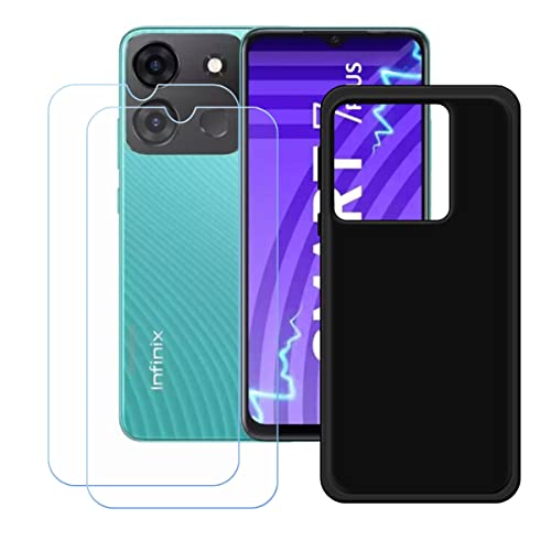 FZZSZS Case for Infinix Smart 7 HD + 2 Pack Tempered Glass Screen Protector Protective Film,Slim Black Soft Gel TPU Silicone Protection Phone Case Cover for Infinix Smart 7 HD (6.6")