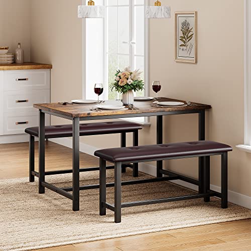 Alkmaar Kitchen Table Set with 2 Upholstered Benches for 4, Dining Room Metal and Wood Rectangular Table Set for Small Space, Apartment, Retro Brown