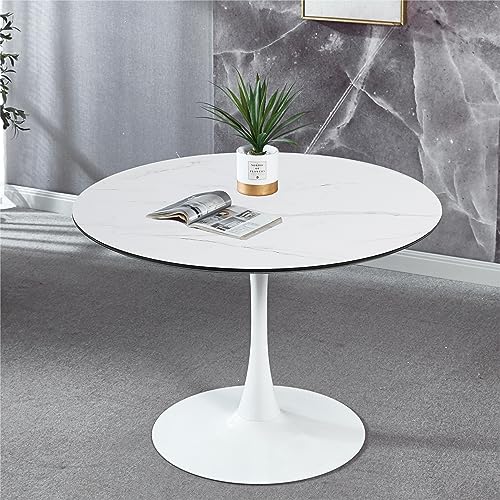 Modern Round Dining Table, 42" White Tulip Table for 4-6 Persons, Faux Marble Pattern Mid-Century Leisure Table for Kitchen Living Room