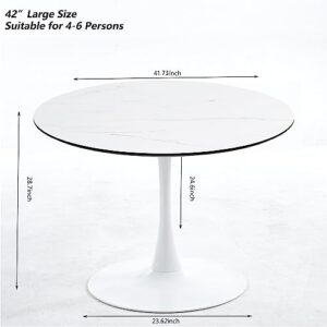 Modern Round Dining Table, 42" White Tulip Table for 4-6 Persons, Faux Marble Pattern Mid-Century Leisure Table for Kitchen Living Room