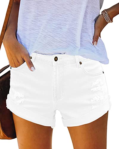 luvamia Jean Shorts Womens Mid Rise Causal Ripped Jean Shorts for Women White Jean Shorts High Waisted Jean Shorts Brilliant White Size Medium Fits Size 8 / Size 10