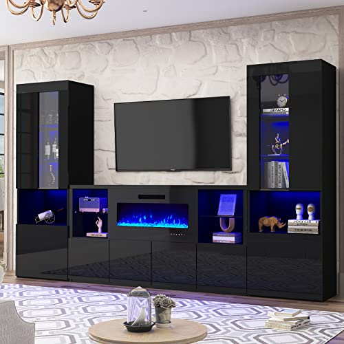 Amerlife 68" TV Stand with 40" Electric Fireplace, Modern High Gloss Media Entertainment Center with LED Lights for TVs up to 78", TV Console Cabinet with Glass Shelves Lower Storage, Black