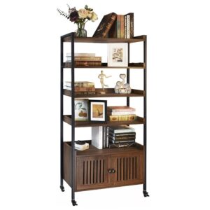 amoware bookshelf, 5 shelf bookcase, 2 louvered doors storage and metal frame wooden industrial bookshelf for bedroom, living room, office, bathroom tall standing rustic bookshelf, brown