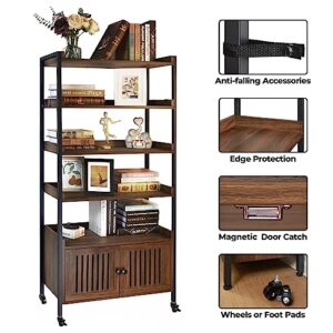 AMOWARE Bookshelf, 5 Shelf Bookcase, 2 Louvered Doors Storage and Metal Frame Wooden Industrial Bookshelf for Bedroom, Living Room, Office, Bathroom Tall Standing Rustic Bookshelf, Brown