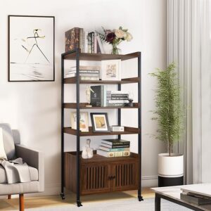 AMOWARE Bookshelf, 5 Shelf Bookcase, 2 Louvered Doors Storage and Metal Frame Wooden Industrial Bookshelf for Bedroom, Living Room, Office, Bathroom Tall Standing Rustic Bookshelf, Brown