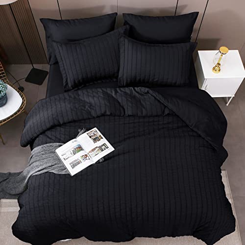 HYMOKEGE Duvet Cover Queen 3 Pieces, Black Seersucker Duvet Cover Set, Luxury Soft Brushed Microfiber Bedding Set with 1 Comforter Cover & 2 Pillow Shams, 90x90 Inch