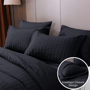 HYMOKEGE Duvet Cover Queen 3 Pieces, Black Seersucker Duvet Cover Set, Luxury Soft Brushed Microfiber Bedding Set with 1 Comforter Cover & 2 Pillow Shams, 90x90 Inch