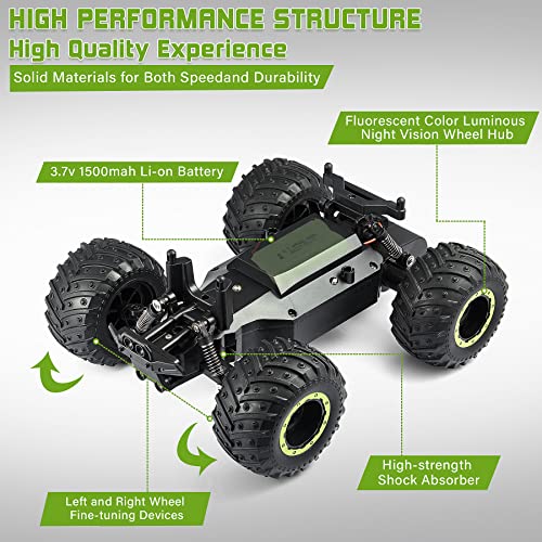 RC Cars with LED Lights, 1:18 Scale All Terrain Remote Control Car, 2.4 GHz Off-Road 25 Km/h Monster Truck Racing Cars with LED Bodylight, 60 Min Playtime, Xmas Toys Gifts for 4-7 8-12 Kids Boys