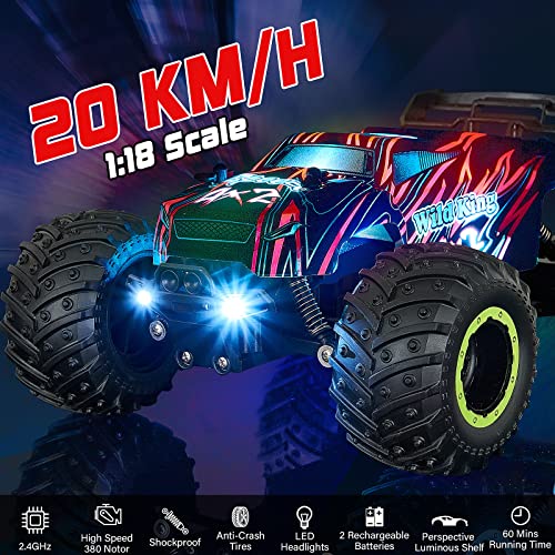 RC Cars with LED Lights, 1:18 Scale All Terrain Remote Control Car, 2.4 GHz Off-Road 25 Km/h Monster Truck Racing Cars with LED Bodylight, 60 Min Playtime, Xmas Toys Gifts for 4-7 8-12 Kids Boys