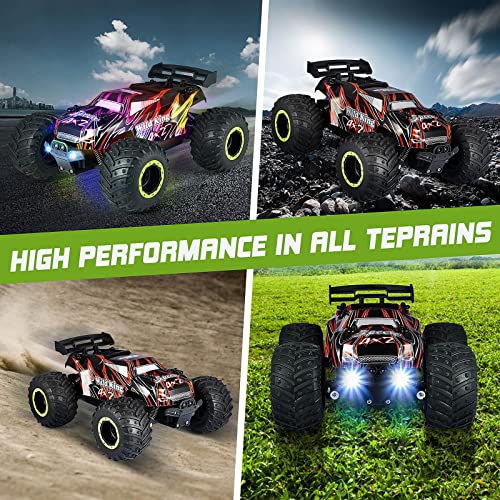 RC Cars with LED Lights, 1:18 Scale All Terrain Remote Control Car, 2.4 GHz Off-Road 25 Km/h Monster Truck Racing Cars with LED Bodylight, 60 Min Playtime, Xmas Toys Gifts for 4-7 8-12 Kids Boys