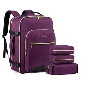 lovevook large travel laptop backpack women, 40l flight approved carry on backpack waterproof 17.3inch luggage daypack business weekender overnight backpacks bag with 3 packing cubes, purple