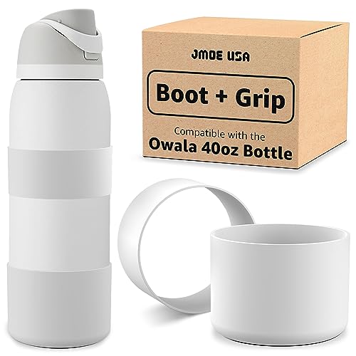 Jmoe USA Silicone Boot Sleeve + Hand Grip for Owala 40oz Water Bottle | BPA Free & Food-Grade Silicone Rubber | Protective Anti-Slip Bottom Bumper Cover | Protects Against Dents & Scratches (White)