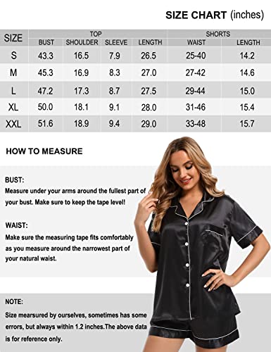 Finvizo Womens Silk Satin Pajamas Set: Soft Short Sleeve Two-piece Pjs Silky Button-down Sleepwear Loungewear Shorts Set,Black XL