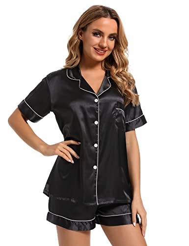 Finvizo Womens Silk Satin Pajamas Set: Soft Short Sleeve Two-piece Pjs Silky Button-down Sleepwear Loungewear Shorts Set,Black XL