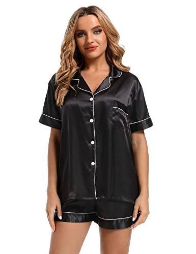 Finvizo Womens Silk Satin Pajamas Set: Soft Short Sleeve Two-piece Pjs Silky Button-down Sleepwear Loungewear Shorts Set,Black XL