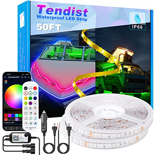 Tendist 50FT LED Boat Lights Strip, IP66 Marine LED Strip Pontoon Boat Light App Control, 12V RGB Waterproof Boat Interior Light, Night Fishing Lighting for Bass Boat, Kayak, Jon Boat, Cabin, Deck