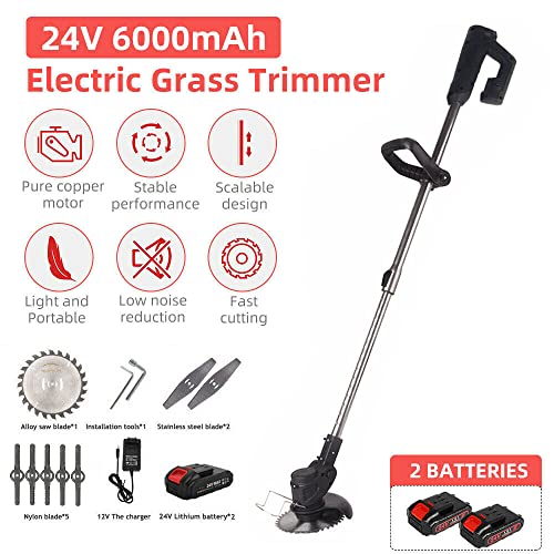 Electric Weed Wacker Cordless Grass Trimmer, Weed Wacker Battery Powered, Lawn Grass Edger Tool Electric Brush Cutter with Adjustable Handle 3 Function Blades for Yard and Garden