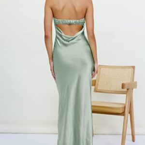 ZESICA Women's 2023 Summer Satin Strapless Dress Sexy Backless Bodycon Wedding Cocktail Party Maxi Dresses,Sage,Large