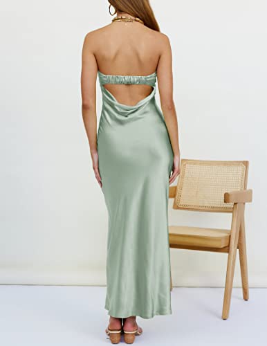 ZESICA Women's 2023 Summer Satin Strapless Dress Sexy Backless Bodycon Wedding Cocktail Party Maxi Dresses,Sage,Large