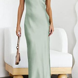 ZESICA Women's 2023 Summer Satin Strapless Dress Sexy Backless Bodycon Wedding Cocktail Party Maxi Dresses,Sage,Large