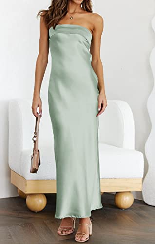 ZESICA Women's 2023 Summer Satin Strapless Dress Sexy Backless Bodycon Wedding Cocktail Party Maxi Dresses,Sage,Large