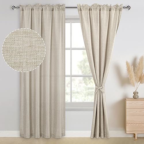 JIUZHEN Beige Faux Linen Curtains for Bedroom, Rod Pocket Thick Linen Semi Sheer Curtains 84 Inches Long Light Filtering Curtains & Drapes for Living Room, Set of 2 Window Curtain Panels, 52 x 84 Inch