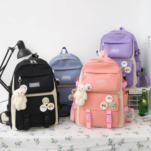 Teslawi kawaii backpack 4Pcs Set Aesthetic backpack 17in backpack，with Kawaii Pendants，Crossbody Bag ，Pencil Case, Handbag (Black)