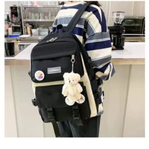 Teslawi kawaii backpack 4Pcs Set Aesthetic backpack 17in backpack，with Kawaii Pendants，Crossbody Bag ，Pencil Case, Handbag (Black)