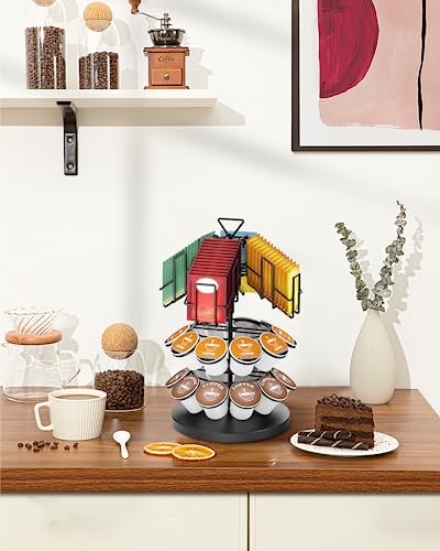 ULG Coffee Pod & Tea Bag Organizer Carousel Stand, K Cup Holder, Organizes 20 K-cups for Keurig and 60 Tea Bags - Coffee Bar Accessory for Kitchen Office, Countertop or Coffee Station Storage, Black