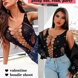 Avidlove Rhinestone Bodysuit Women Fishnet Lingerie for Women Sparkle Sexy Mesh Lingerie Teddy Lingerie Black