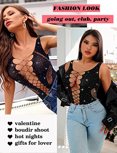 Avidlove Rhinestone Bodysuit Women Fishnet Lingerie for Women Sparkle Sexy Mesh Lingerie Teddy Lingerie Black