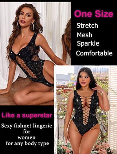 Avidlove Rhinestone Bodysuit Women Fishnet Lingerie for Women Sparkle Sexy Mesh Lingerie Teddy Lingerie Black