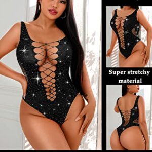 Avidlove Rhinestone Bodysuit Women Fishnet Lingerie for Women Sparkle Sexy Mesh Lingerie Teddy Lingerie Black