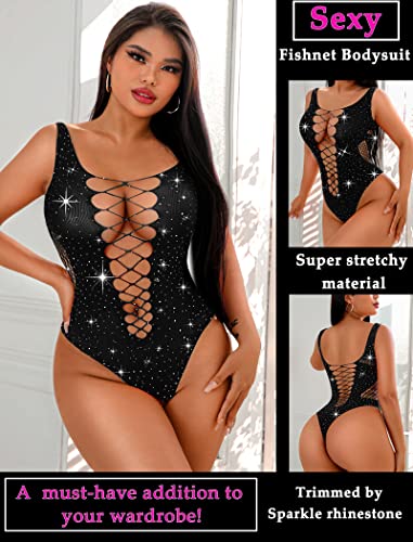 Avidlove Rhinestone Bodysuit Women Fishnet Lingerie for Women Sparkle Sexy Mesh Lingerie Teddy Lingerie Black