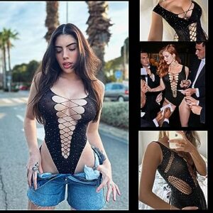 Avidlove Rhinestone Bodysuit Women Fishnet Lingerie for Women Sparkle Sexy Mesh Lingerie Teddy Lingerie Black