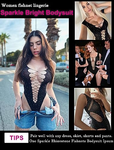 Avidlove Rhinestone Bodysuit Women Fishnet Lingerie for Women Sparkle Sexy Mesh Lingerie Teddy Lingerie Black