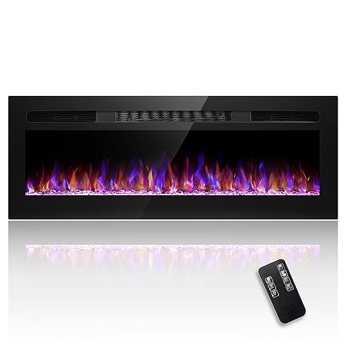 TUAN 50 Inch Recessed and Wall Mounted Electric Fireplace, Fireplace Heater and Linear Fireplace with Timer, Touch Panel and Remote Control, Adjustable 12 Flame Color, Low Noise, 750w/1500w