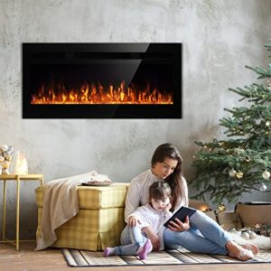 TUAN 50 Inch Recessed and Wall Mounted Electric Fireplace, Fireplace Heater and Linear Fireplace with Timer, Touch Panel and Remote Control, Adjustable 12 Flame Color, Low Noise, 750w/1500w