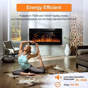 TUAN 50 Inch Recessed and Wall Mounted Electric Fireplace, Fireplace Heater and Linear Fireplace with Timer, Touch Panel and Remote Control, Adjustable 12 Flame Color, Low Noise, 750w/1500w