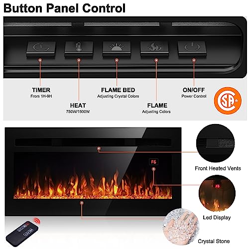 TUAN 50 Inch Recessed and Wall Mounted Electric Fireplace, Fireplace Heater and Linear Fireplace with Timer, Touch Panel and Remote Control, Adjustable 12 Flame Color, Low Noise, 750w/1500w