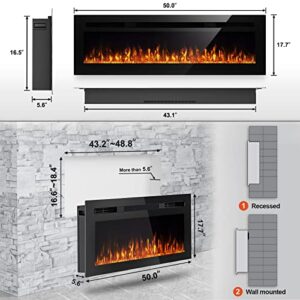 TUAN 50 Inch Recessed and Wall Mounted Electric Fireplace, Fireplace Heater and Linear Fireplace with Timer, Touch Panel and Remote Control, Adjustable 12 Flame Color, Low Noise, 750w/1500w