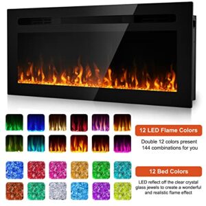 TUAN 50 Inch Recessed and Wall Mounted Electric Fireplace, Fireplace Heater and Linear Fireplace with Timer, Touch Panel and Remote Control, Adjustable 12 Flame Color, Low Noise, 750w/1500w