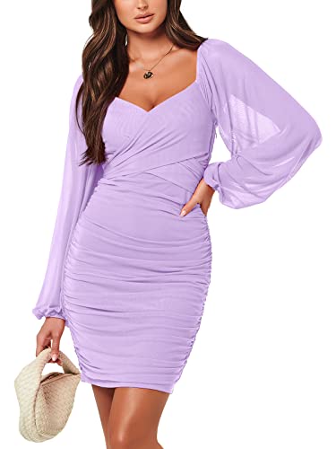 ANRABESS Women's Sexy V Neck Ruched Bodycon Mini Dress Puff Long Sleeve Cocktail Wedding Party Short Dresses 955danzi-S Purple